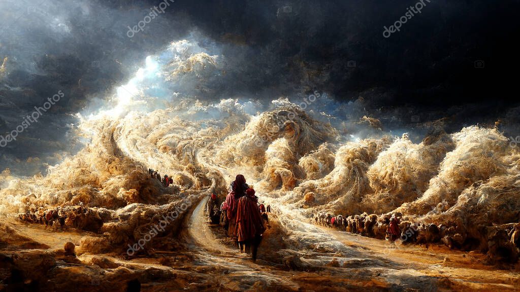 Ilustración del Éxodo de la Biblia, Moisés cruzando el Mar Rojo con los ...