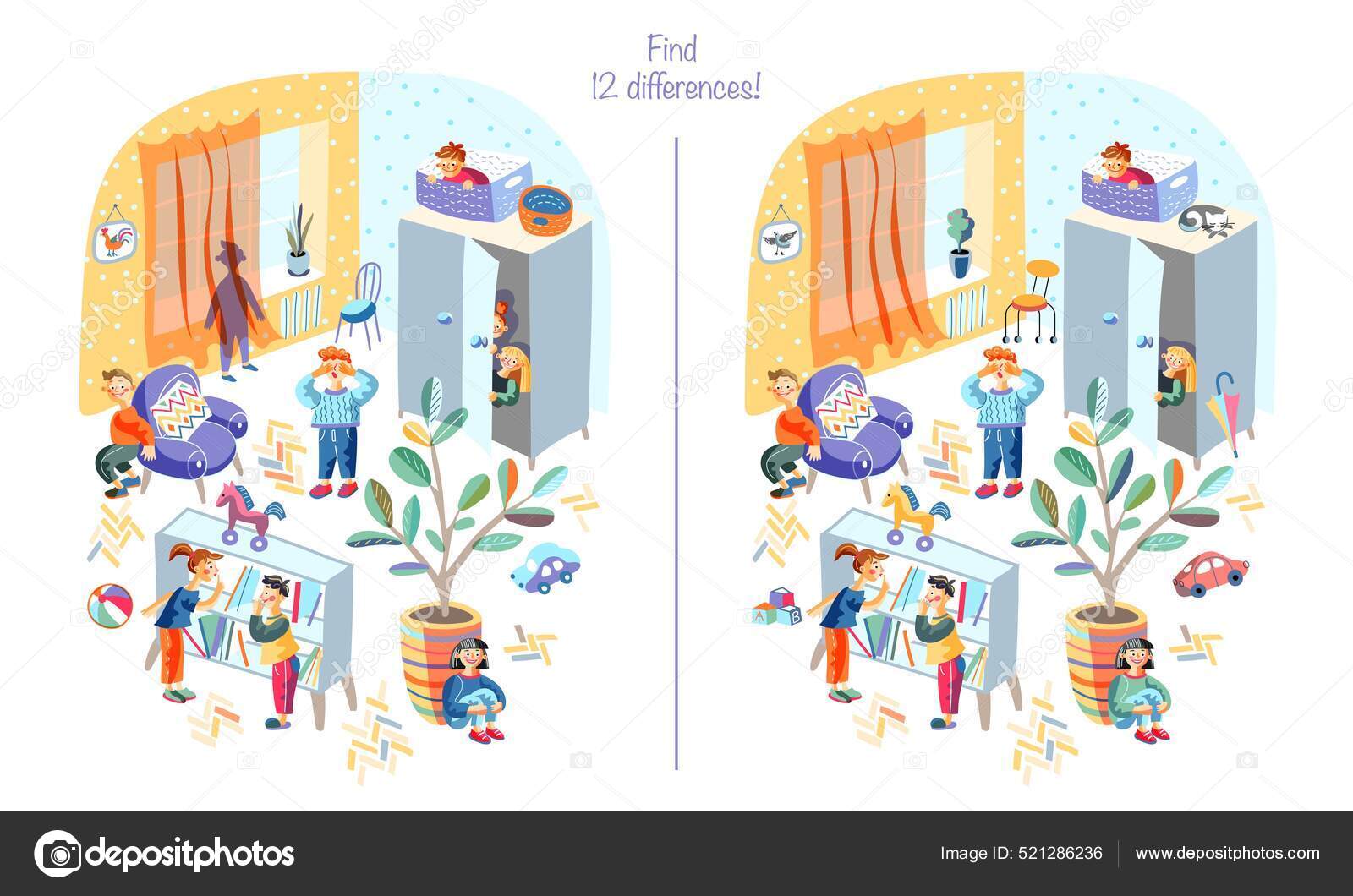 Jouer à cache-cache avec des amis à la maison. Trouver la différence ...