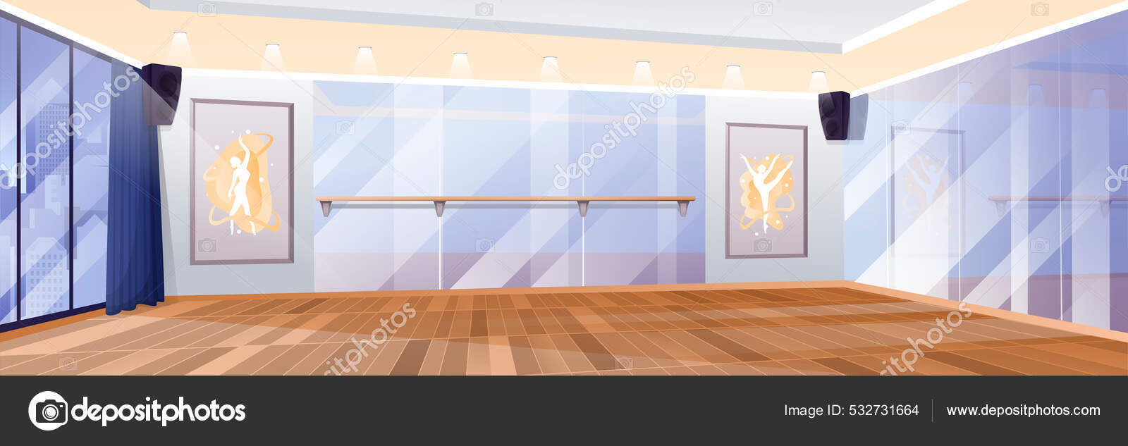 Ballet studio interior design background. Room in dancing school for ...