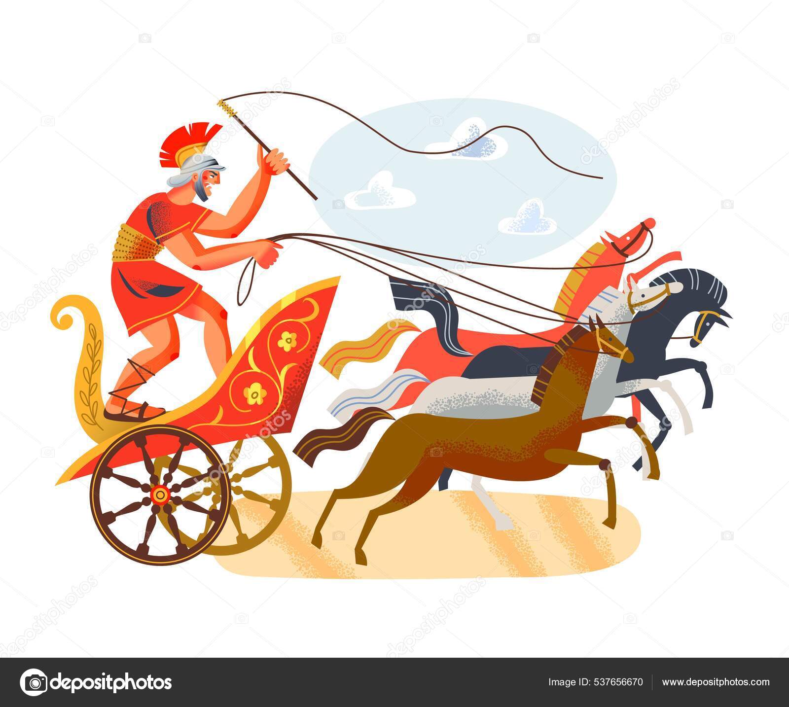 Ancient Roman empire man riding in cart with horses. Rome history and ...