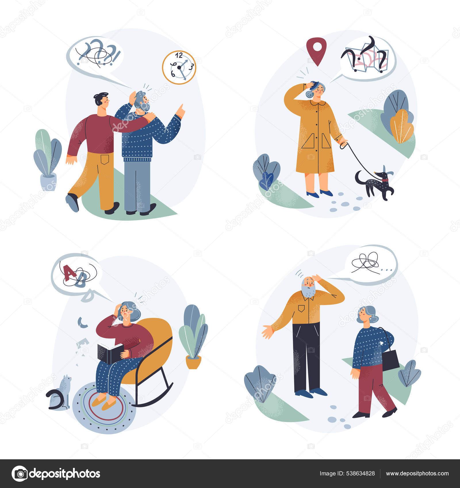 Elderly people with dementia disease set, elder woman and man suffering ...