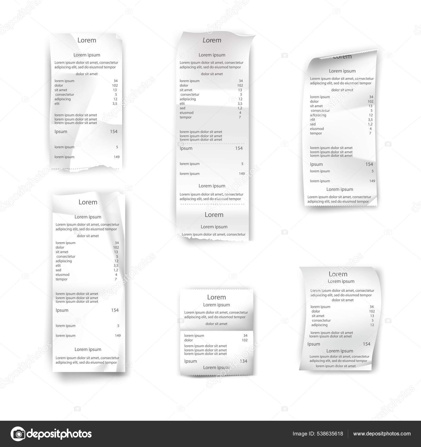 Conjunto de recibos. facturas de papel, tienda y supermercado comprueba la ilustración vectorial ...