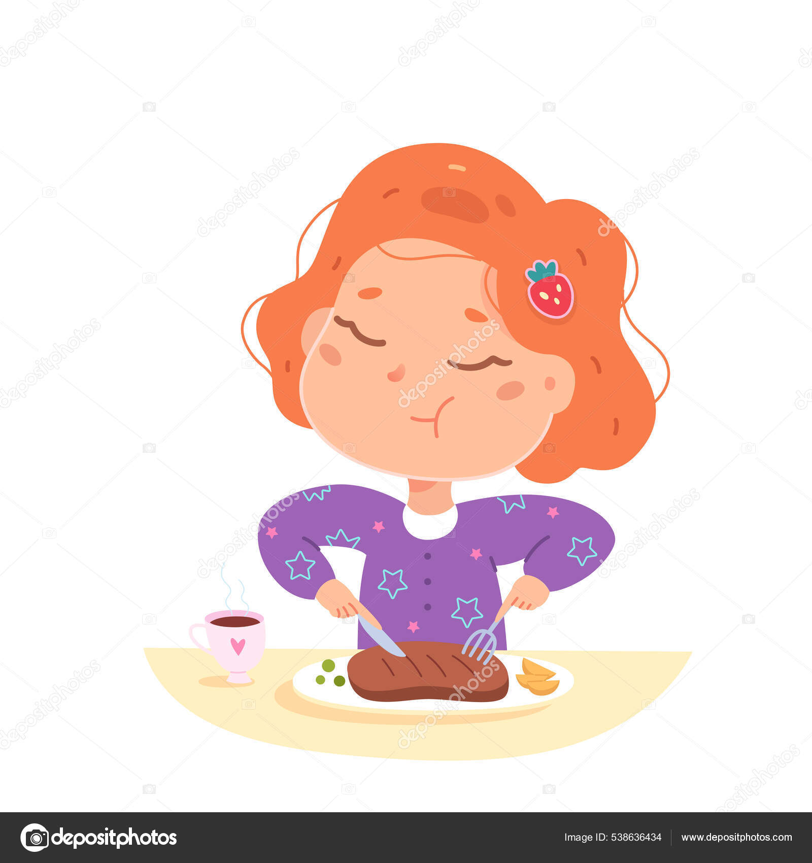 Kid eating beef steak on dinner, girl sitting at table of restaurant to ...