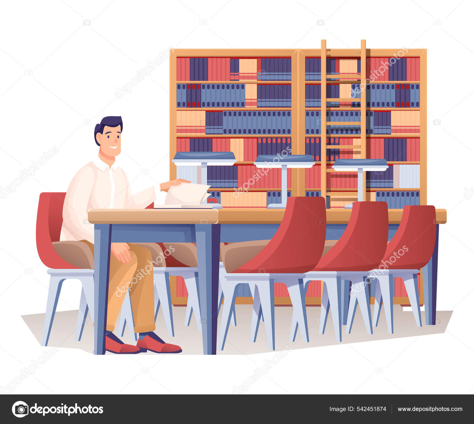 Man at library scene. Young guy sitting at table with books under lamp ...