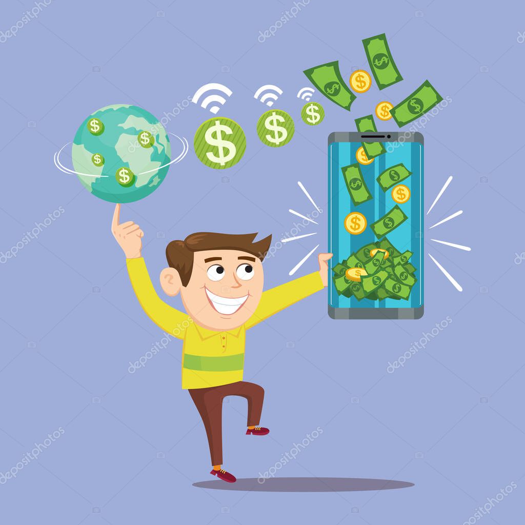 Dibujos animados un hombre feliz ganar dinero en línea con el teléfono ...