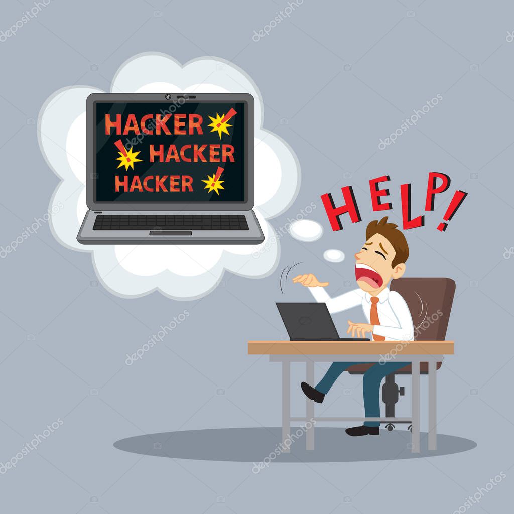 Empresario sorprendido sentado en la mesa con ataque de hacker de texto ...