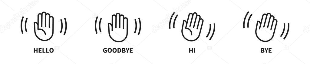 Icono de mano ondeando. Conjunto de iconos de onda de palma humana ...