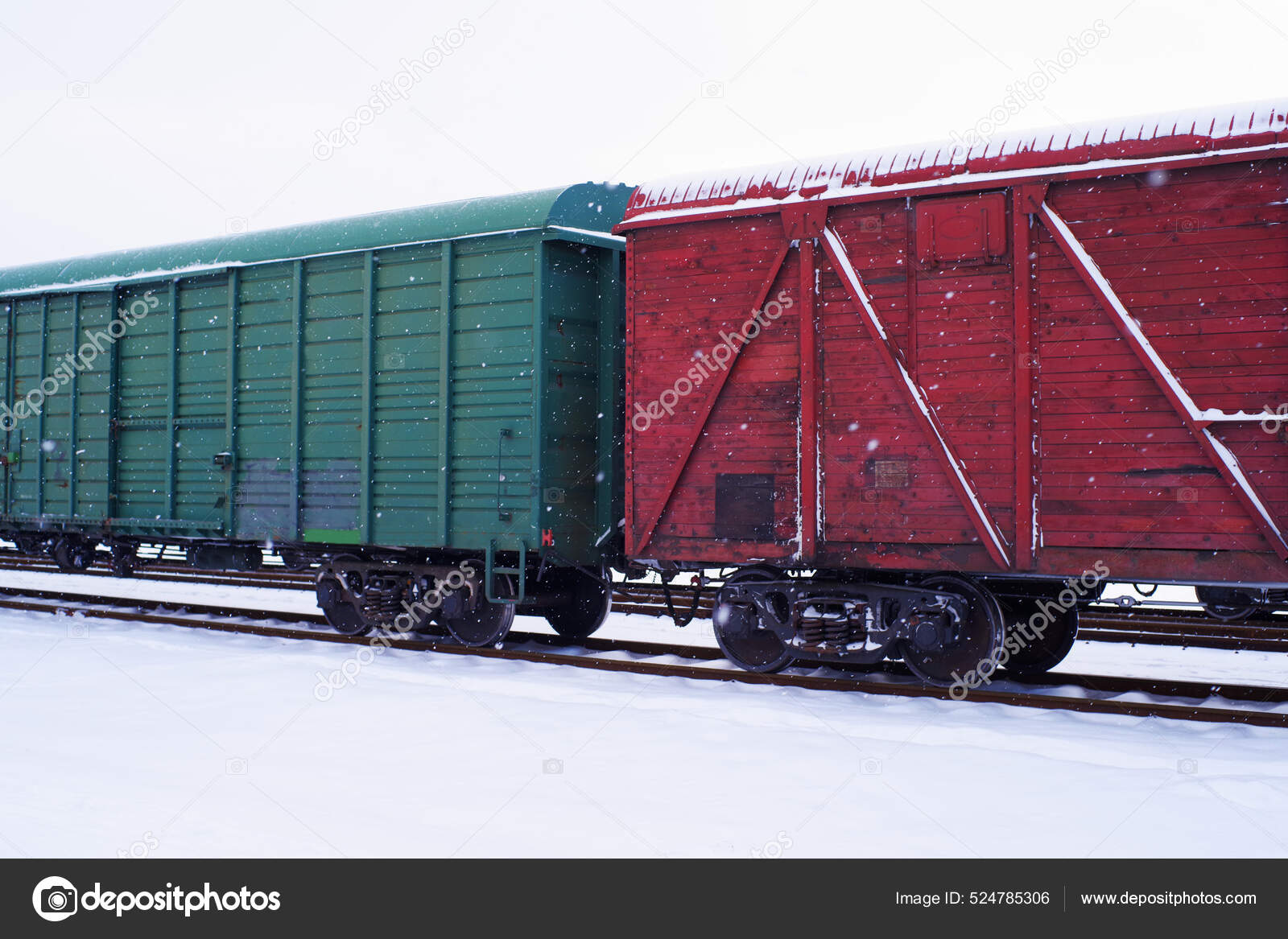 Freight Wooden Wagons Freight Train Railway Station Winter — Stock ...