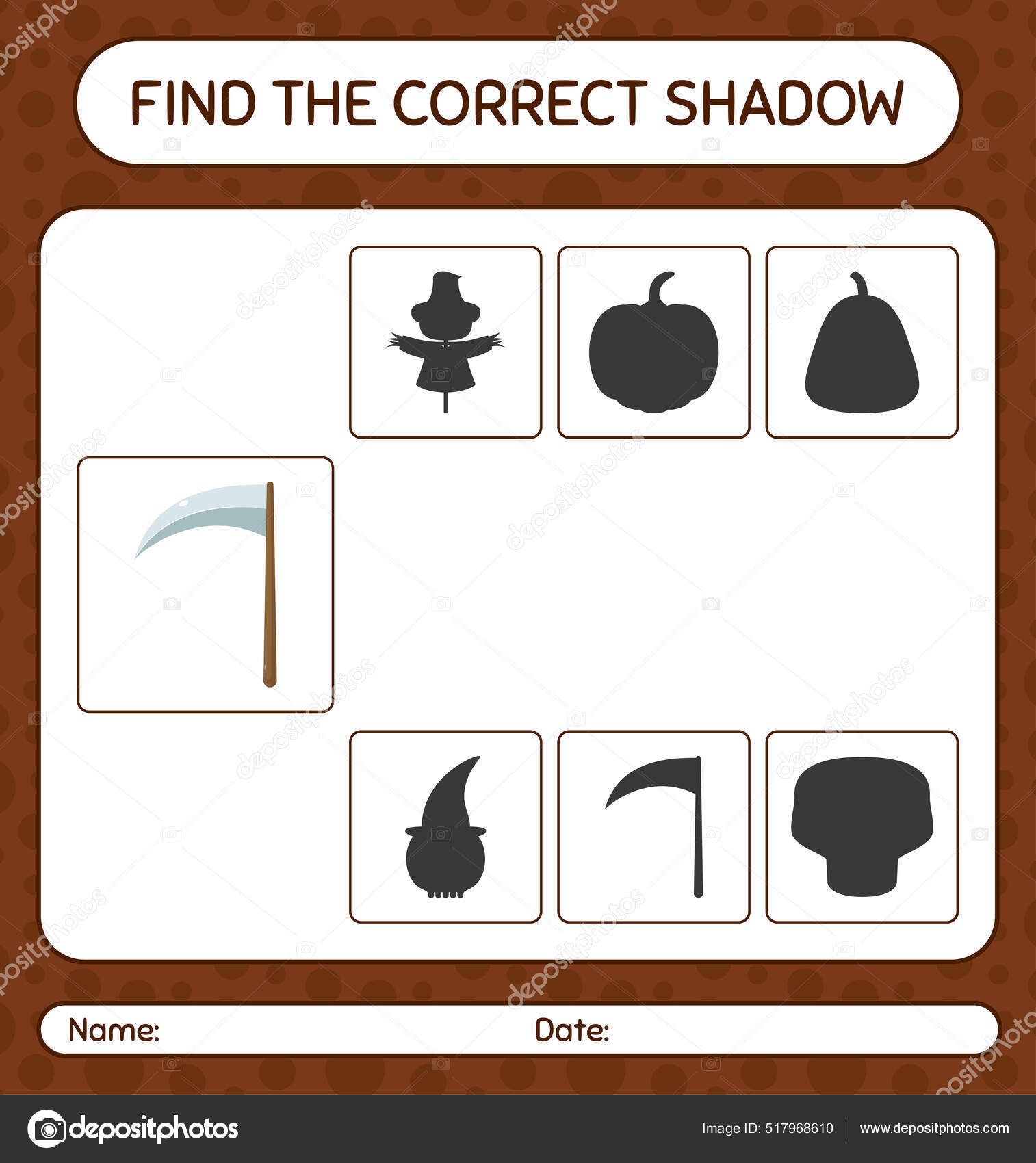 Find Correct Shadows Game Scythe Worksheet Preschool Kids Kids Activity ...