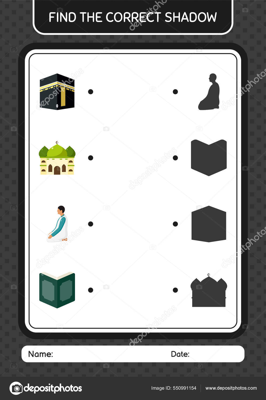 Find Correct Shadows Game Ramadan Icon Worksheet Preschool Kids Kids ...