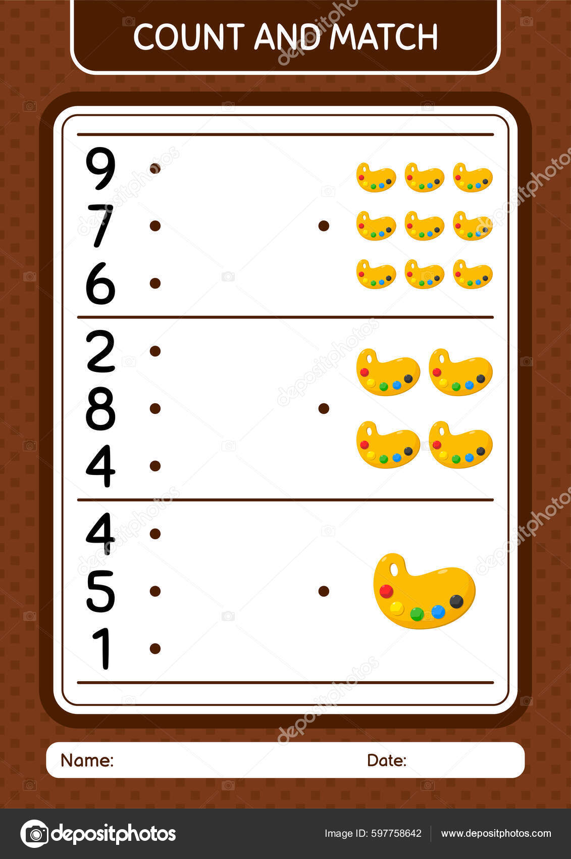 Count Match Game Paint Palette Worksheet Preschool Kids Kids Activity ...