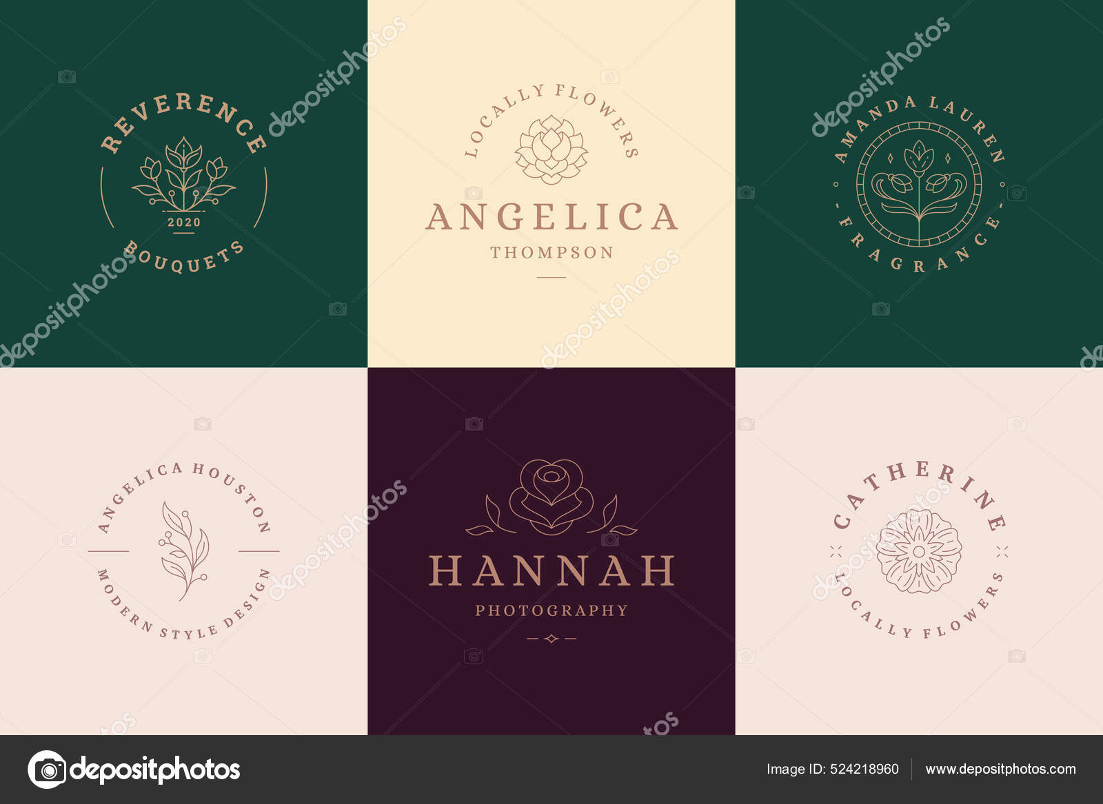 Flower logos emblems design templates set with botanical plants and ...