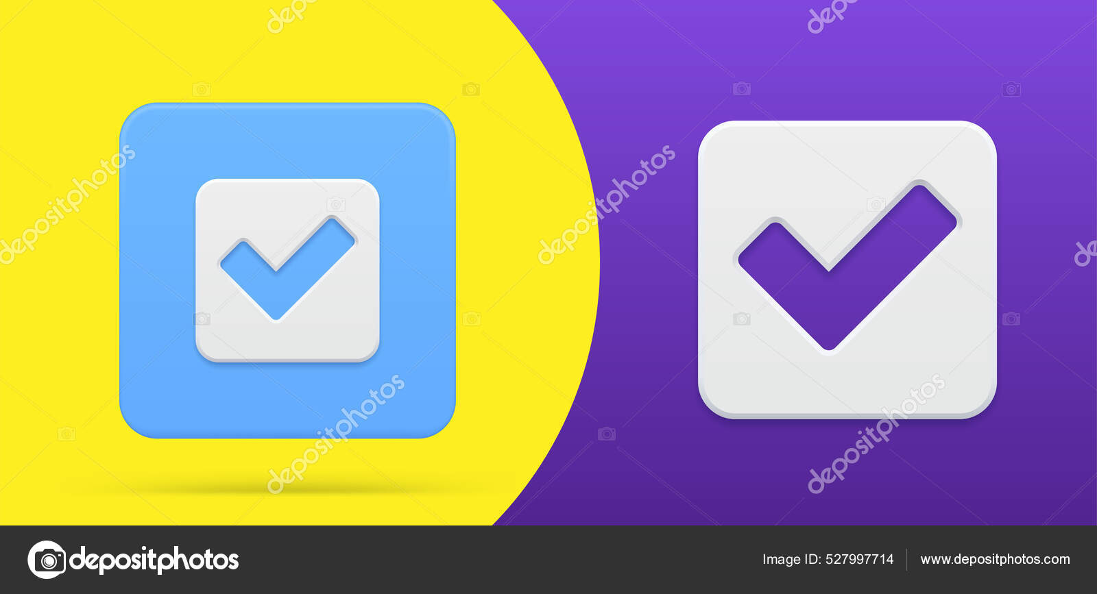 Simple check mark 3d icon squared button set vector illustration ...
