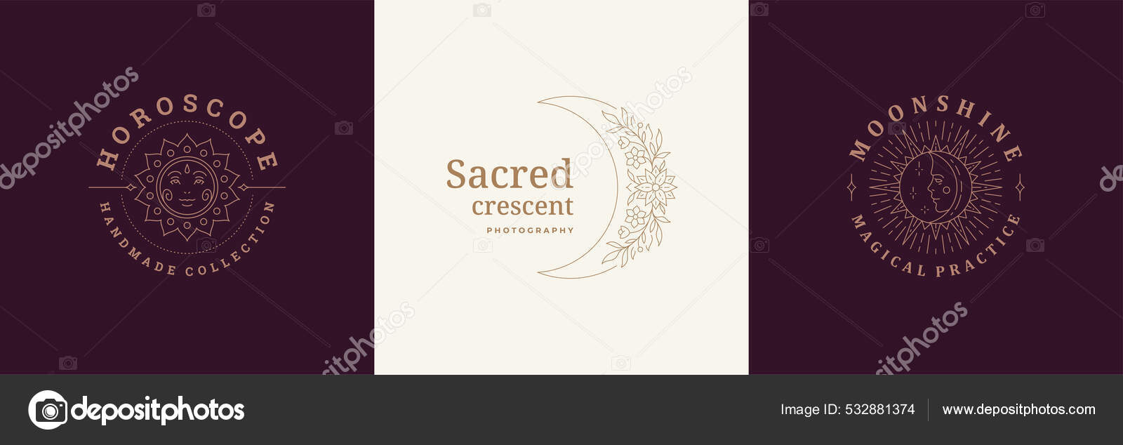 Esoteric logos emblems design templates set with mystic moon and magic ...