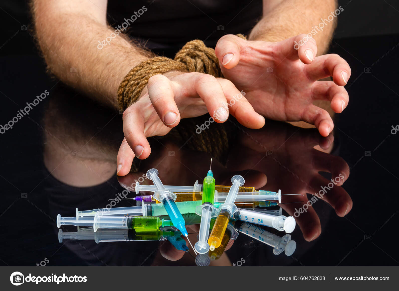 Close Bound Male Hands Craving Syringes Filled Drugs Drug Addiction ...