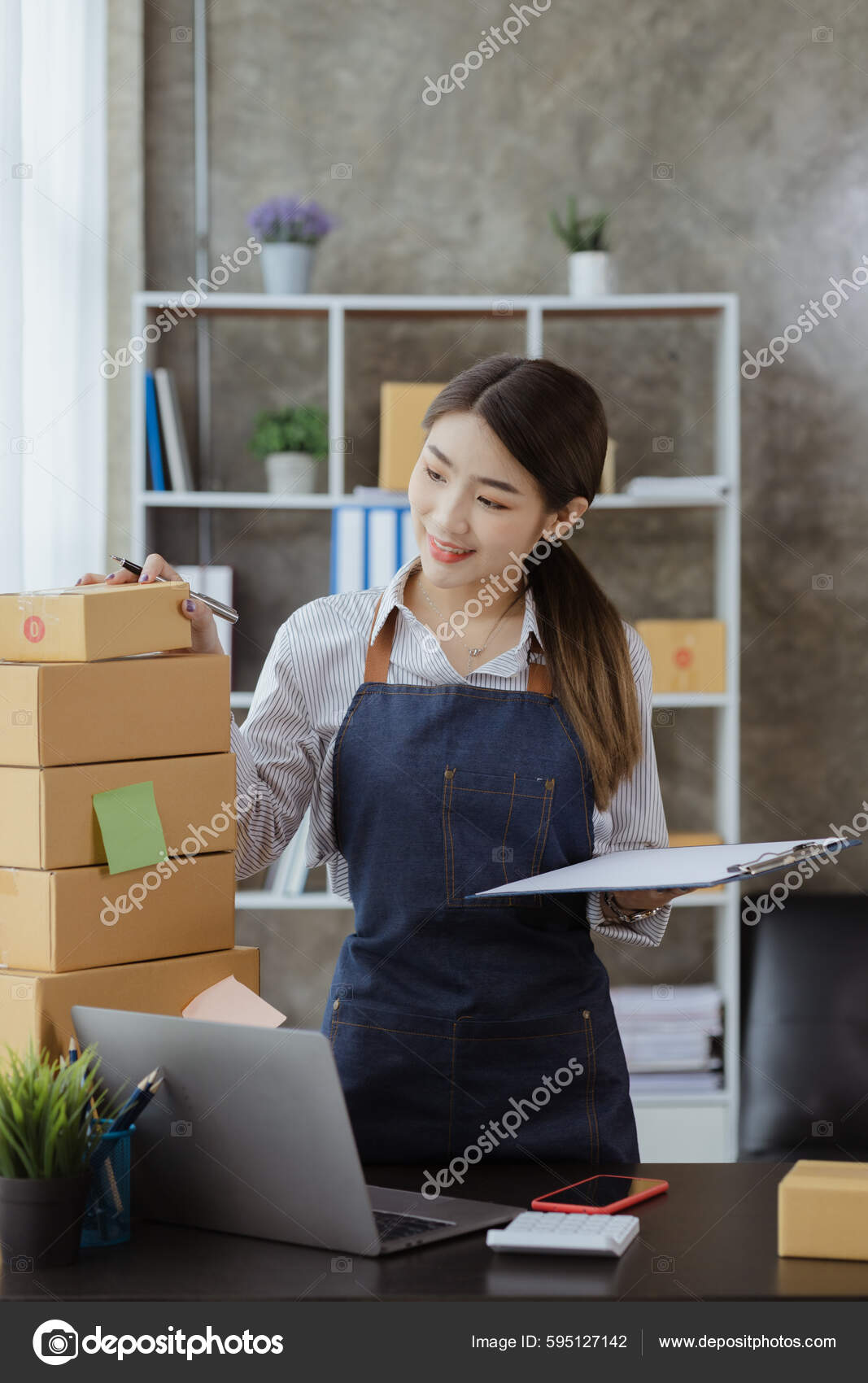 Beautiful Asian Business Owner Opens Online Store She Checking Orders ...