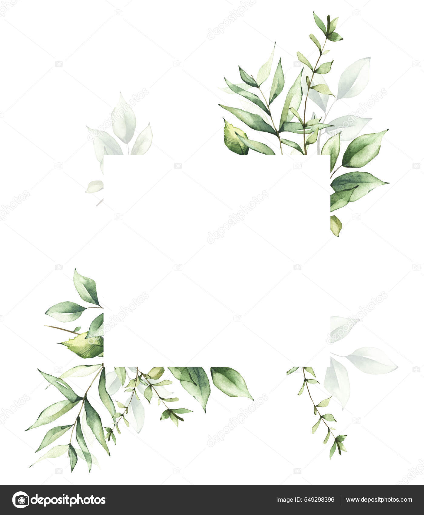 Delicate greenery square frame template watercolor painted. Branches ...