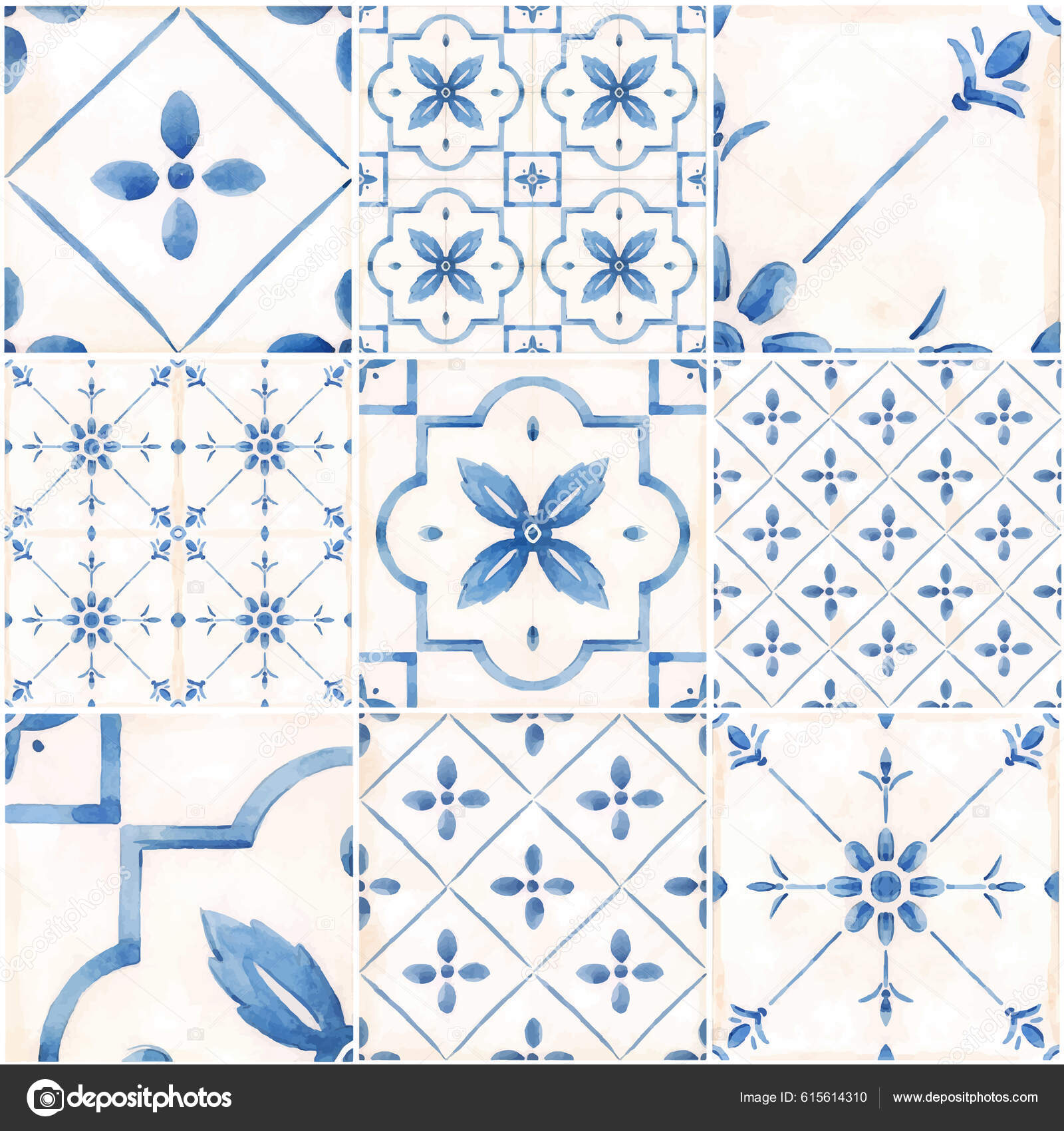 Beautiful Vector Seamless Pattern Watercolor Blue Dutch Style Tiles ...