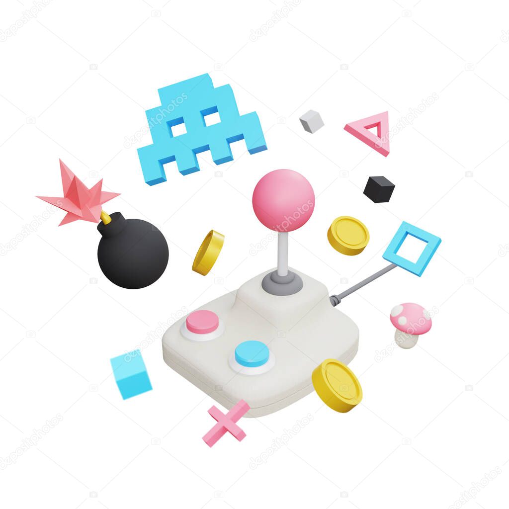 Retro juego 3D ilustración de renderizado. Cartel de concepto de juego ...