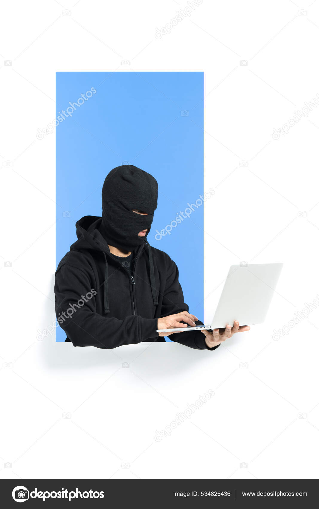 Hacker Wearing Mask Stealing Money Bank Account Using Computer Internet ...