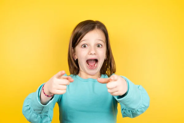 Portrait Proud Little Girl Wearing Suspenders Looking Camera Isolated Yellow — Stock Photo ...