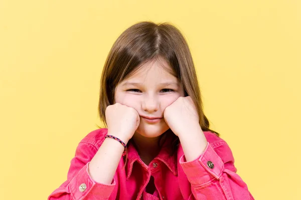 Portrait Proud Little Girl Wearing Suspenders Looking Camera Isolated Yellow — Stock Photo ...