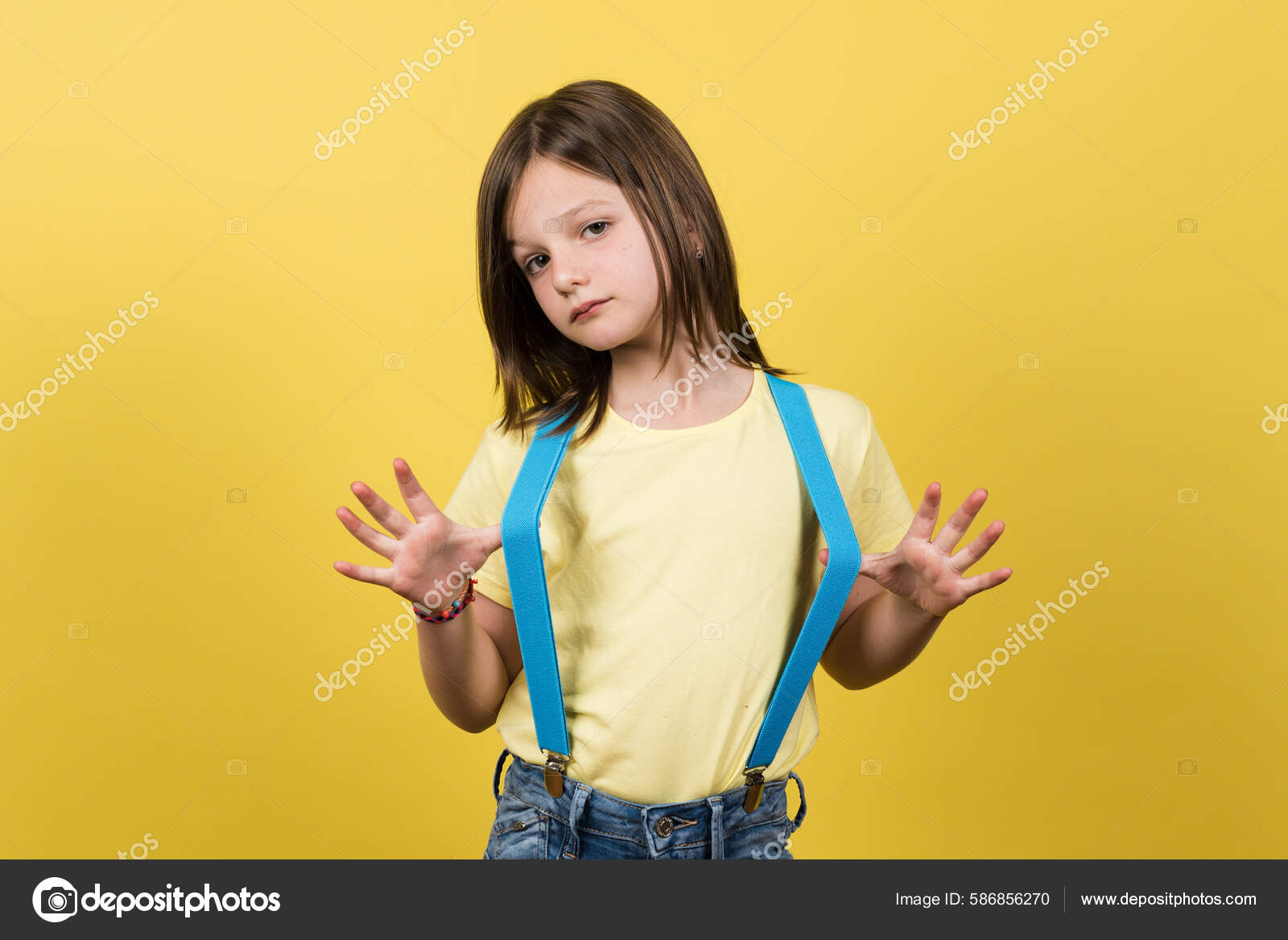 Portrait Proud Little Girl Wearing Suspenders Looking Camera Isolated Yellow — Stock Photo ...