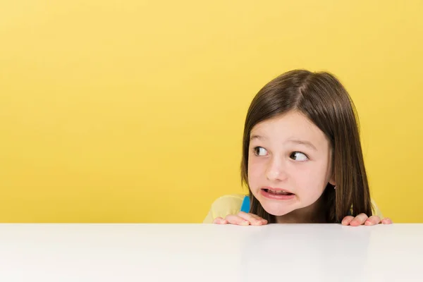 Portrait Proud Little Girl Wearing Suspenders Looking Camera Isolated Yellow — Stock Photo ...