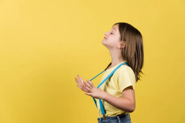 Portrait Proud Little Girl Wearing Suspenders Looking Camera Isolated Yellow — Stock Photo ...