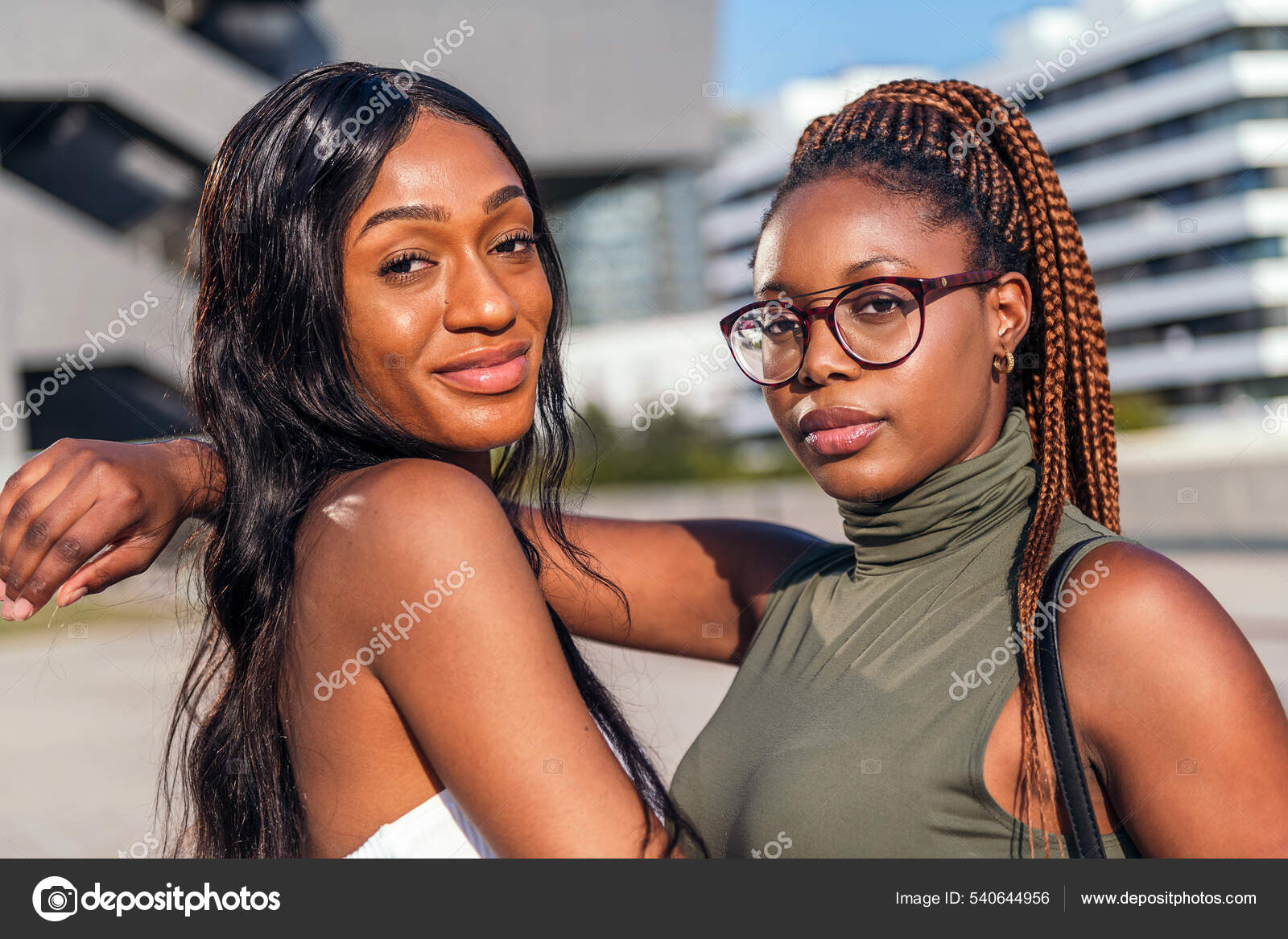 Portrait Two Young Black Friends Posing Looking Camera Concept ...