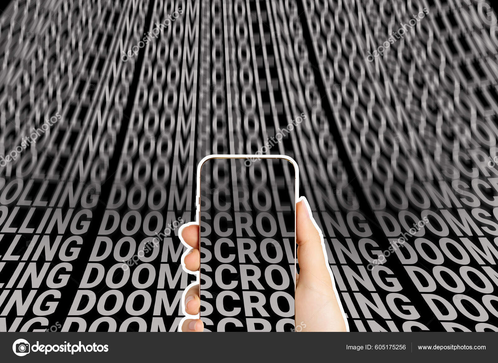 Mobile Phone Hand Background Endless Scroll Words Doomscrolling Screen ...