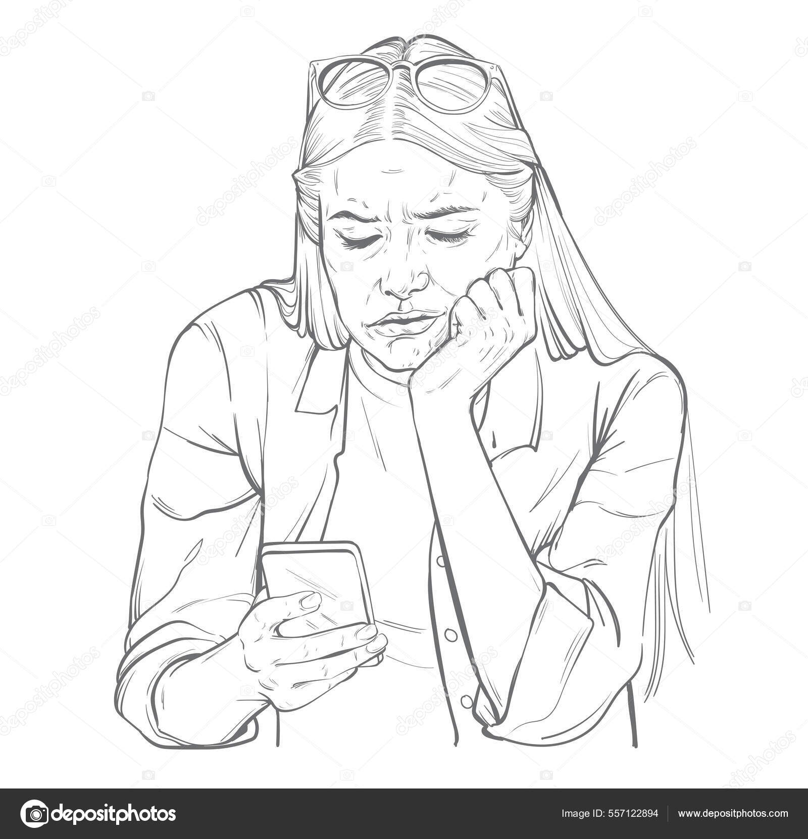 Sad Woman Looking Phone Frowning Vector Illustration Stock Vector Image ...