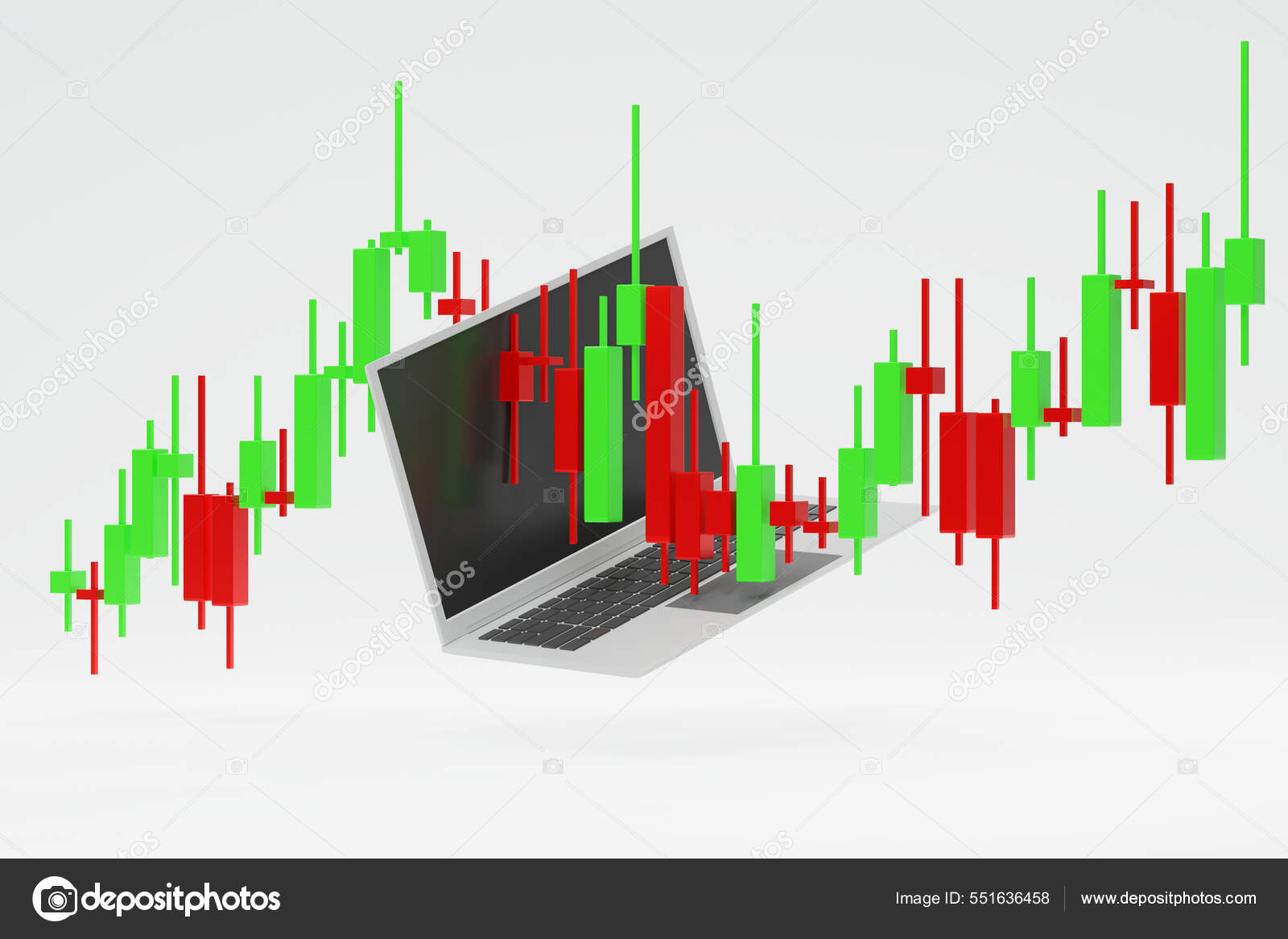 Laptop Computer Candle Stick Chart Showing Upside Downside Trend Stock ...