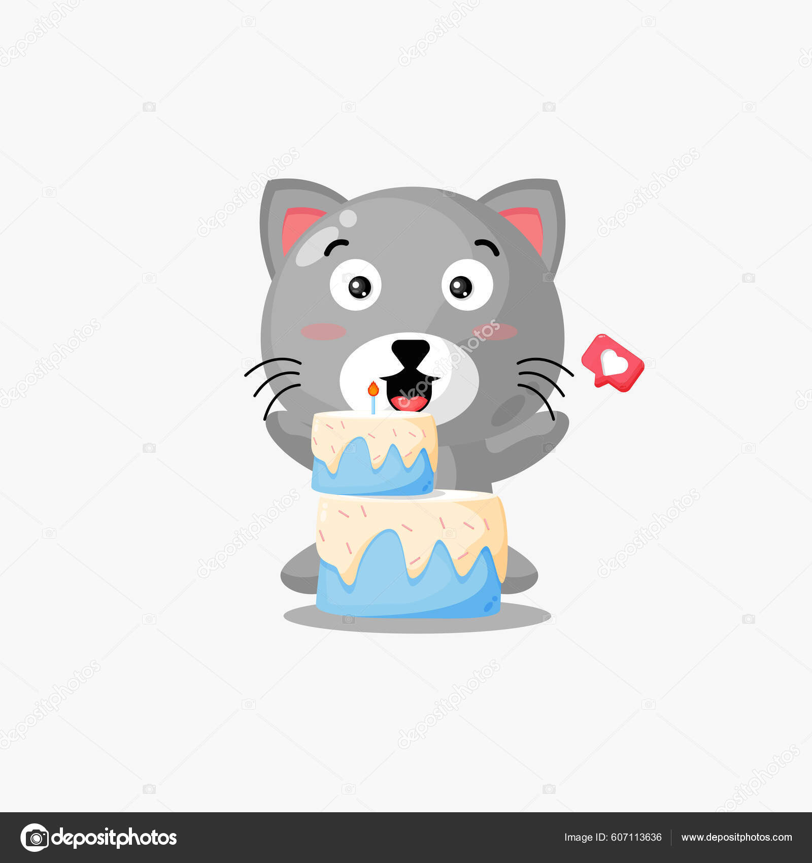 Lindo Gato Con Pastel Cumpleaños Ilustración Dibujos Animados Vector de stock #607113636 de ...