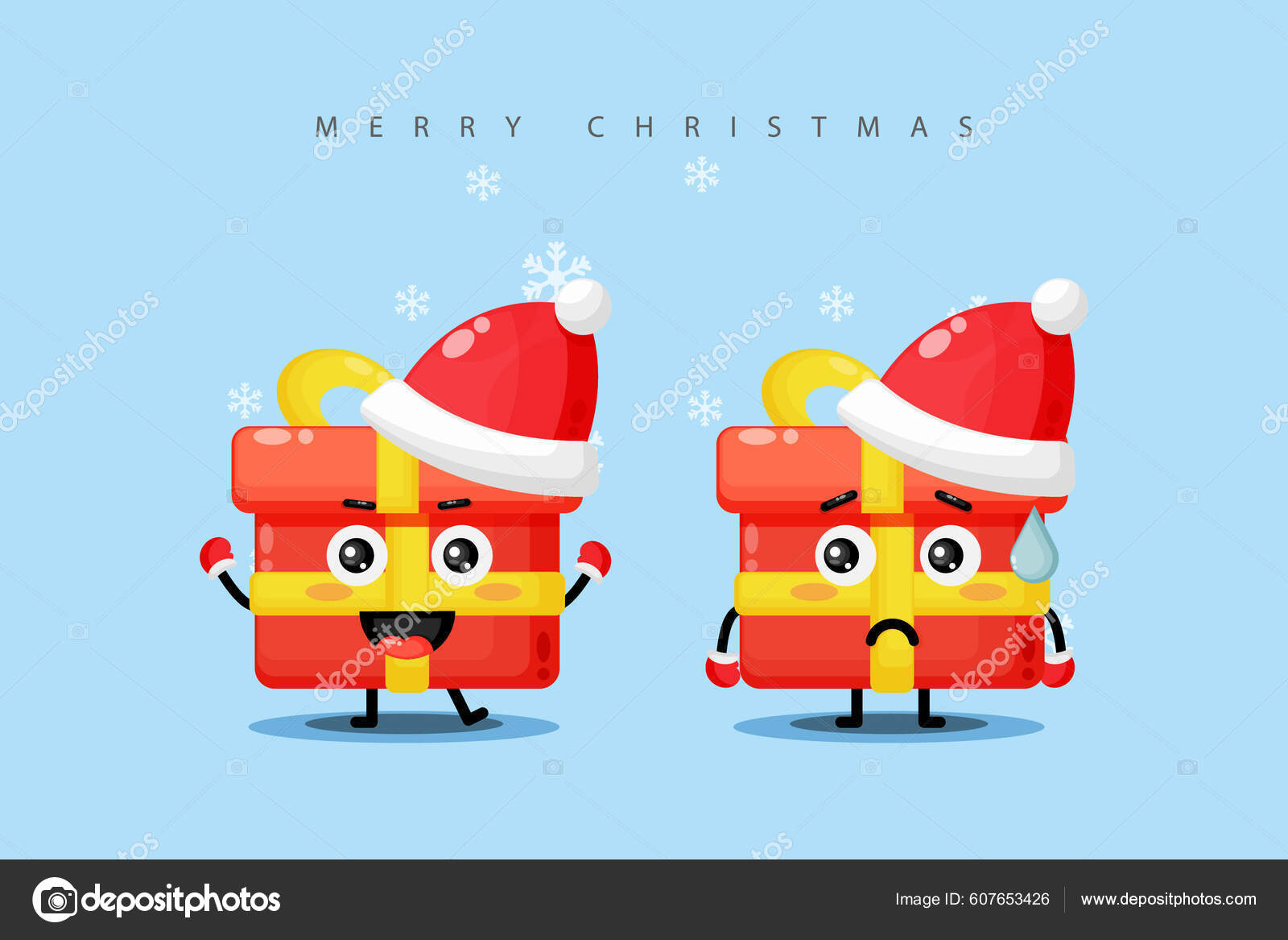 Cute Gift Box Mascot Wearing Christmas Costume Happy Sad Expression ...