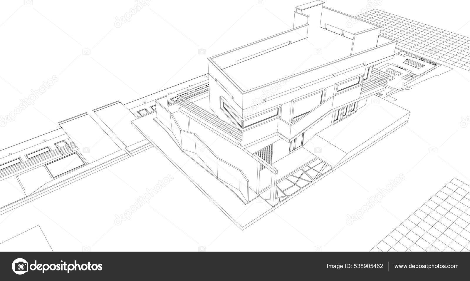 Sketsa Proyek Arsitektur Rumah Modern Ilustrasi Vektor Stok oleh ...