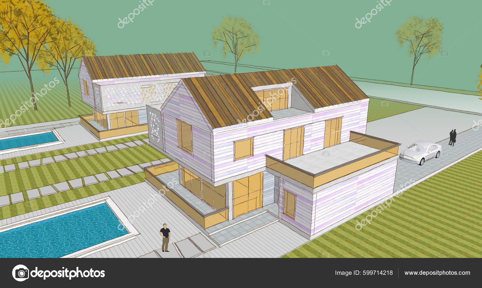 Colored Architectural Mockup Including Houses People Rendering Drafting ...