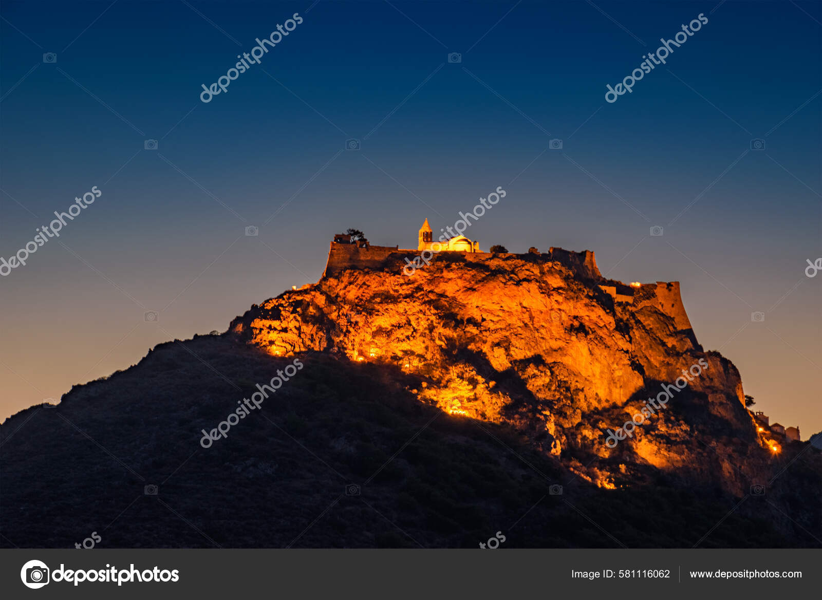 Breathtaking Aerial Panoramic View Chora Kythira Castle Night Long ...
