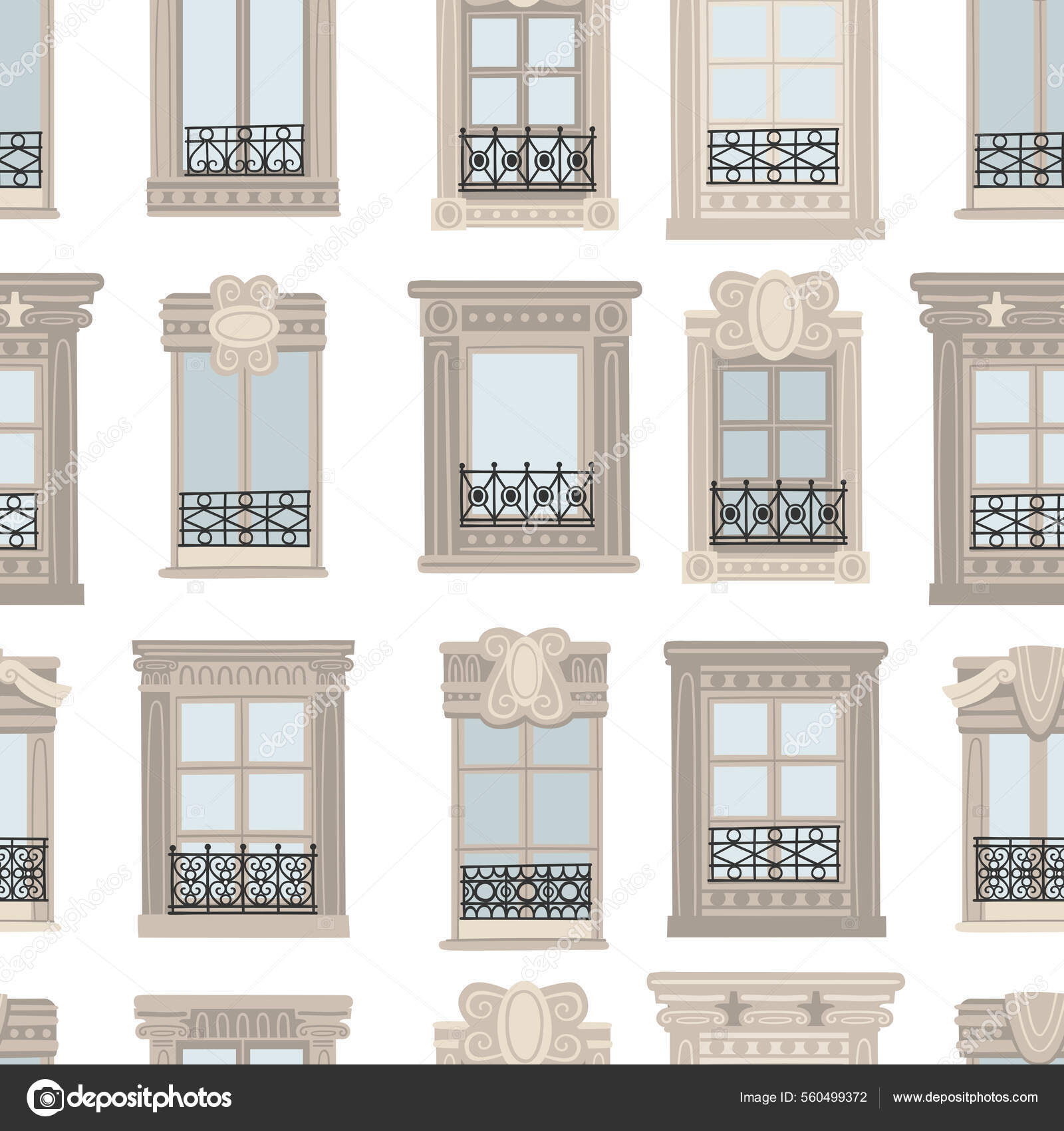 Flat vector illustration with traditional Paris window. Seamless ...