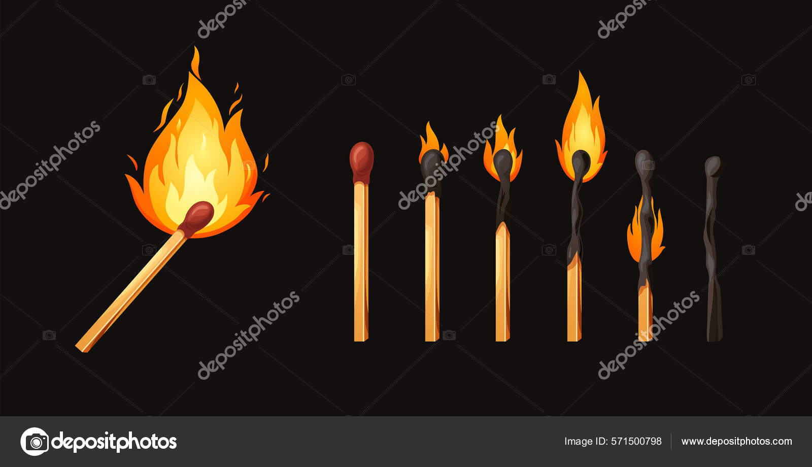Burnt match stick with fire. Set of matchsticks with sulfur head ...