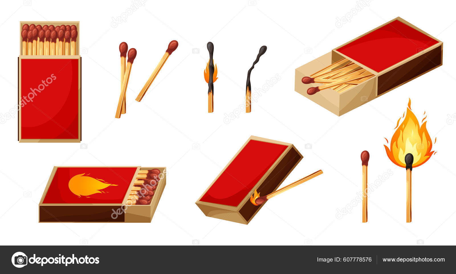 Burnt Match Stick Fire Matchbox Set Boxes Opened Close Isplated Stock ...