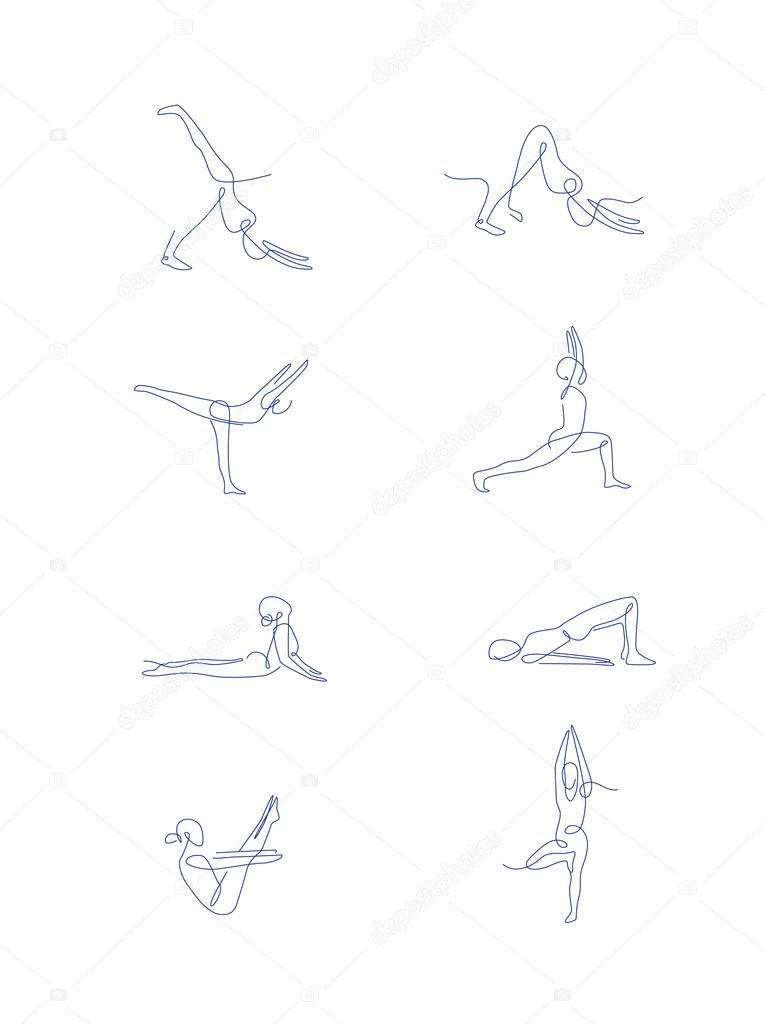 Pilates line art poses set. esquema ilustración vectorial. una línea de ...