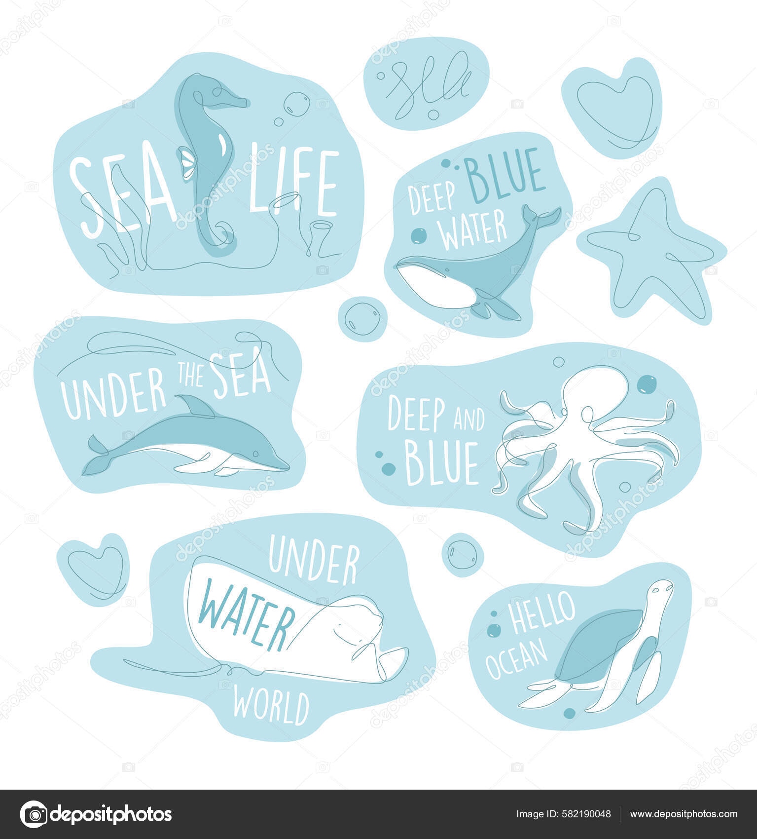One Line Marine Life Sticker Set Underwater Outline Animals Emblem ...