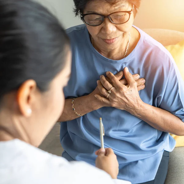 Elderly patient, senior old aging woman with coronary artery disease or ...