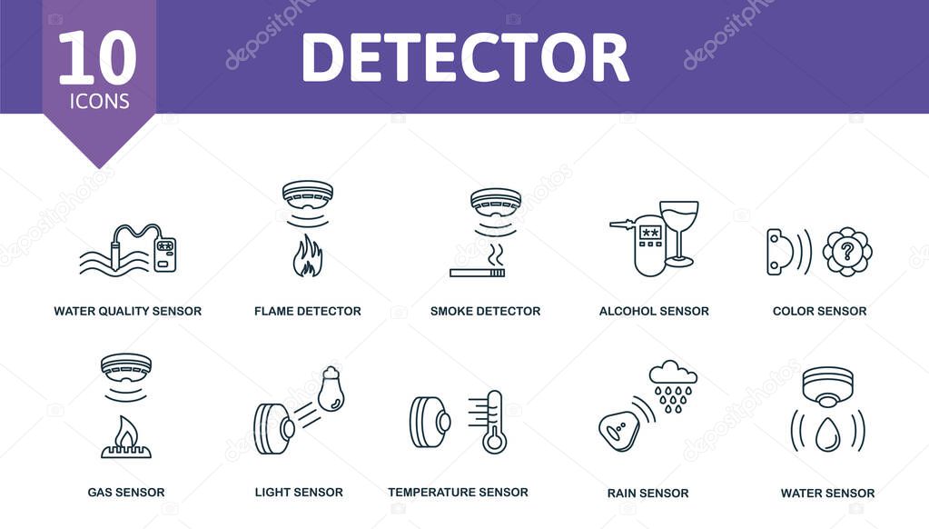 Conjunto de iconos del detector. Colección de elementos simples como el sensor de calidad del ...
