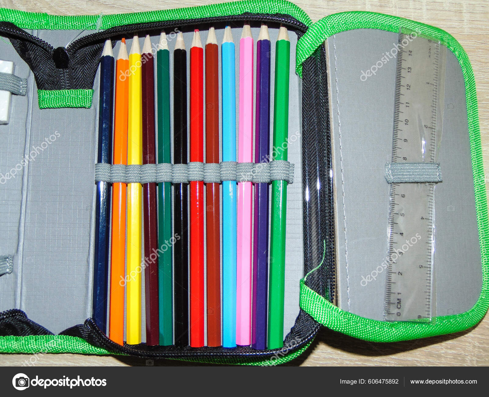 Pen Colored Pencils Eraser Ruler School Concept — Stock Photo ...