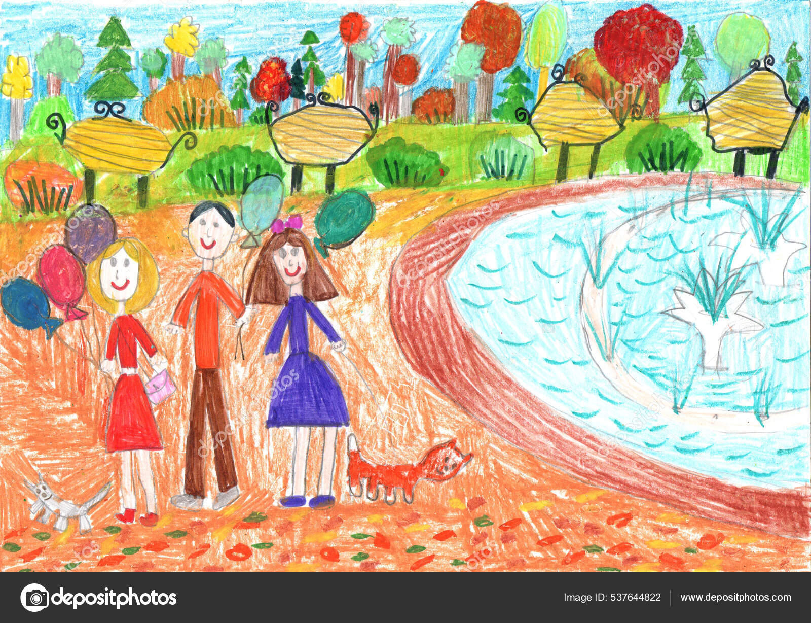 Child Drawing Happy Family Walk Outdoors Pencil Art Childish Style ...