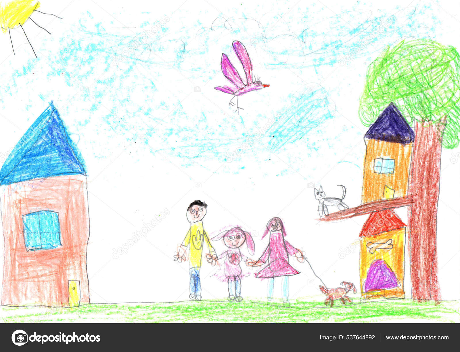Child Drawing Happy Family Walk Outdoors Pencil Art Childish Style ...