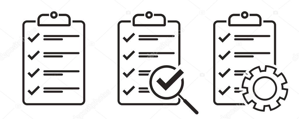 Portapapeles lupa y set de iconos de engranajes. Estilo de l nea de concepto de gesti n de ...