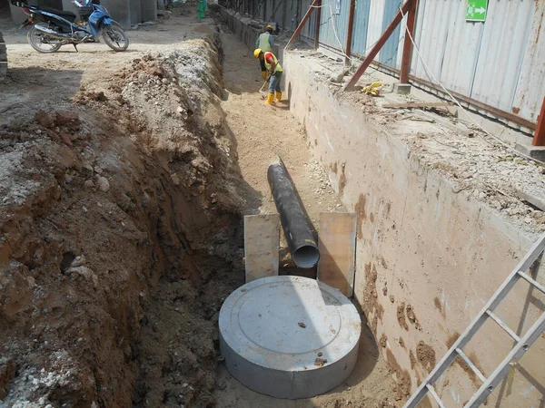 Construction of underground drainage pipe Stock Photos, Royalty Free ...